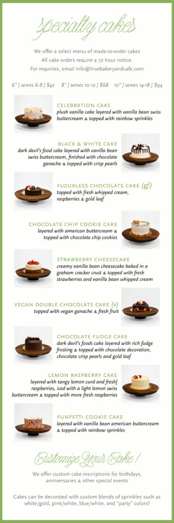 Hive Bakery & Cafe_SpecialtyCakesMenu_Mobile - Hive Bakery & Cafe